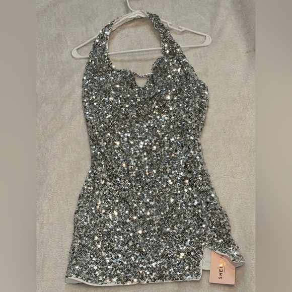 SHEIN | Dresses | New Silver Halter Deep Backless Sequins Dress | Poshmark